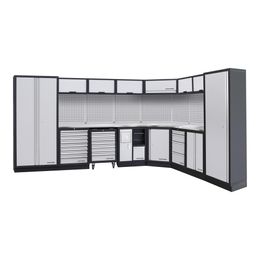 Kraftwerk 8-Element-Schrankwand mit Vierkantlochwand Länge 3819 mm 2824 mm Inox Arbeitsplatte (3964EIX)