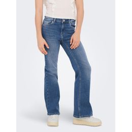 Bootcut-Jeans KIDS Only "KOGJUICY LIFE FLARED DNM CRO557 NOOS", Mädchen, Gr. 122, N-Gr, blau (medium blau denim), Denim/Jeans, Obermaterial: 99% Baumwolle, 1% Elasthan, unifarben, ausgestellt knöchellang, Jeans