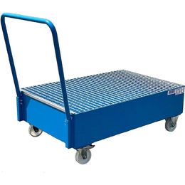 eurokraft basic Fahrbare Auffangwanne aus Stahlblech, LxB 1200 x 800 mm, 2 x 200-l-Fass stehend, blau RAL 5012
