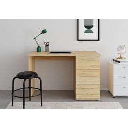 Schreibtisch, B:115cm H:73cm T:56cm, beige, VOGL MÖBELFABRIK, Büro, Tische, "Tobi, optional mit Tastaturauszug", mit 3 Schubkästen, Breite 115 cm,