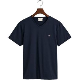 Gant Herren T-Shirt "SLIM SHIELD V-NECK T-SHIRT", blau, Basic, Gr. XXXL, unifarben, Jersey, Obermaterial: 100% Baumwolle, Shirts, mit einer kleinen