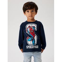 name it Jungen Langarmshirt "NMMNITIN SPIDER NREG LS TOP NOOS MAR", blau, Gr. 122, bedruckt, Jersey, Obermaterial: 95% Baumwolle, 5% Elasthan,