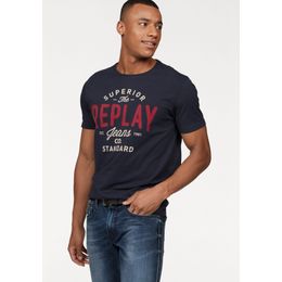 Replay Damen T-Shirt, blau, Gr. M, bedruckt, Obermaterial: 100% Baumwolle, Shirts, mit Markendruck