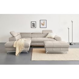 Ecksofa COTTA "Chef L-Form", beige (sand), B:257cm H:72cm T:206cm, Luxus-Microfaser (100% Polyester);Kunstleder Softlux;Leder Advantage (abgedecktes Spalt-Rindsleder), R&uuml;ckseite mit schwarzem Spannstoff bezogen;NaturLEDER (echtes Rindsleder), R&uuml;ckseite mit schwarzem Spannstoff bezogen, Sofas, Ecksofa, mit Kopfteilverstellung, edle Metallkufen, wahlweise mit Bettfunktion