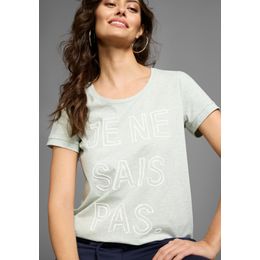 T-Shirt Laura Scott, Damen, Gr. 32/34, grau (light, grau, melange), Single Jersey, Obermaterial: 48% Polyester, 47% Baumwolle, 5% Elasthan, meliert, Basic, figurbetont hüftlang, Rundhals, Shirts, mit aufgenähtem Schriftzug