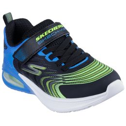 Sneaker Skechers "MICROSPEC MAX ADVANCE", Kinder, Gr. 27, schwarz (schwarz, blau, limette), Lederimitat, Textil, kontrastfarbene Details, Schuhe, Freizeitschuh mit Klettverschluss, Größenschablone zum Download