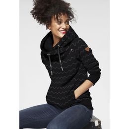 Kapuzensweatshirt Ragwear "GRIPY BUTTON CHEVRON O", Damen, Gr. 3XL, schwarz (schwarz 1010), Sweatware, Obermaterial: 70% Baumwolle, 30% Polyester, bedruckt, gemustert, kontrastfarbene Details, mehrfarbig, figurbetont hüftbedeckend, asymmetrischer Ausschnitt, Rippbündchen, Sweatshirts, Hoodie mit hochschießendem Schalkragen mit Zierknopfbesatz