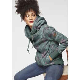 Kapuzensweatshirt Ragwear "GRIPY FLOWERS O", Damen, Gr. L, grün, Sweatware, Obermaterial: 70% Baumwolle, 30% Polyester, bedruckt, geblümt, gemustert, kontrastfarbene Details, mehrfarbig, figurumspielend hüftbedeckend, asymmetrischer Ausschnitt, Sweatshirts, Hoodie mit floralem All Over-Druck