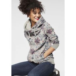 Kapuzensweatshirt Ragwear "GRIPY FLOWERS O", Damen, Gr. L, weiß, Sweatware, Obermaterial: 90% Baumwolle, 10% Polyester, bedruckt, geblümt, gemustert, kontrastfarbene Details, mehrfarbig, figurumspielend hüftbedeckend, asymmetrischer Ausschnitt, Sweatshirts, Hoodie mit floralem All Over-Druck