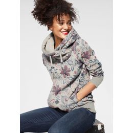 Kapuzensweatshirt Ragwear "GRIPY FLOWERS O", Damen, Gr. 3XL, weiß, Sweatware, Obermaterial: 90% Baumwolle, 10% Polyester, bedruckt, geblümt, gemustert, kontrastfarbene Details, mehrfarbig, figurumspielend hüftbedeckend, asymmetrischer Ausschnitt, Sweatshirts, Hoodie mit floralem All Over-Druck