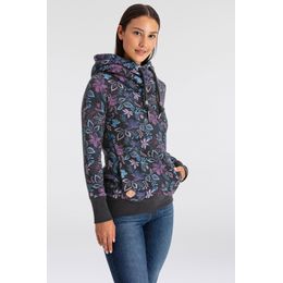 Kapuzensweatshirt Ragwear "GRIPY FLOWERS O", Damen, Gr. L, schwarz, Sweatware, Obermaterial: 70% Baumwolle, 30% Polyester, bedruckt, geblümt, gemustert, kontrastfarbene Details, mehrfarbig, figurumspielend hüftbedeckend, asymmetrischer Ausschnitt, Sweatshirts, Hoodie mit floralem All Over-Druck
