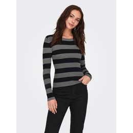 Jacqueline de Yong Rundhalspullover JDY "JDYPLUM L/S O-NECK PULLOVER KNT NOOS", Damen, Gr. M, grau (dunkelgrau melange stripes:schwarz), Strick, Obermaterial: 80% Viskose, 20% Nylon, geringelt, gestreift, figurbetont hüftlang, Rundhals, Strickkante, Pullover