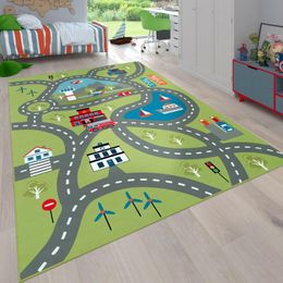 Paco Home Kinderteppich »Bino 562« rechteckig 4 mm Höhe Kurzflor, Straßen-Spiel-Teppich, Motiv Flughafen, Kinderzimmer grün Obermaterial: 100%...