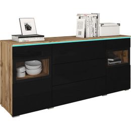 Inosign Sideboard »VERA« Moderne grifflose Kommode, verstellbare Einlegeböden eichefarben votan/schwarz Hochglanz Modernes Sideboard mit Idealmaßen...