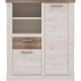 FORTE Highboard »Duro« Mehrzweckschrank mit Türen & Schublade, Landhausstil, Breite 109, 8 cm Pinie Weiss /Eiche Antik