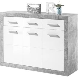HBZ-MEBLE HBZ Kommode »Stone 2 weiß Glanz, BxHxT 117x88x37 cm« Kommode mit 3 Türen, 3 Schubkästen, 2 Einlegeböden weiß/beton
