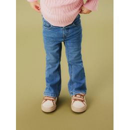 Weite Jeans name it "NMFPOLLY BOOTCUT JEANS 8808-DT TB", Mädchen, Gr. 104, N-Gr, blau (medium blau denim), Denim/Jeans, Obermaterial: 78% Baumwolle, 21% Polyester, 1% Elasthan, Abriebeffekte, relaxed fit knöchellang, Jeans