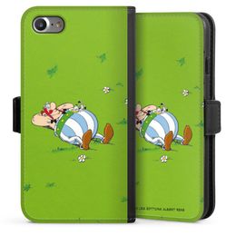 DeinDesign iPhone SE (2022) Handy Klapph&uuml;lle Handyh&uuml;lle aus Kunst Leder schwarz Flip Case Asterix Official Licensed Product Obelix Sideflip mit Lasche