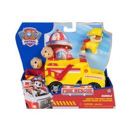 Spin Master Paw Patrol Fire Rescue - Rubbles Rettungs-Truck, Spielfahrzeug mit Schaufel und Geschossen sowie Rubble Hundefigur