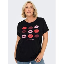Only CARMAKOMA Damen Kurzarmshirt "CARSIMONE LIFE SS O-NECK JRS"schwarz print:lips, Gr. S, bedruckt, Jersey, Obermaterial: 100% Baumwolle, Shirts