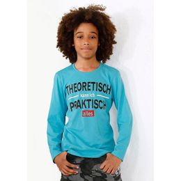 Kidsworld Langarmshirt »THEORETISCH KANN ICH PRAKTISCH ALLES« Langarm, Basic-Passform, mit stylischem Druck, aus Baumwolle türkis 140/146 140/146...