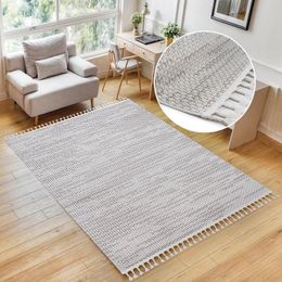 my home Teppich »Mads« rechteckig 6 mm Höhe Boho, Woll-Look, Hoch-Tief-Struktur, In- und Outdoor geeignet, Fransen creme, hellbraun Obermaterial:...