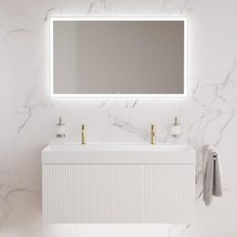 neoro n50 stripes Unterschrank B: 120 cm mit 1 Auszug, wei&szlig; matt profiliert, mit Spiegel, Doppelwaschtisch cube, BN0146WM+BN0694BWM+BN0029MI,
