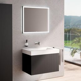 neoro n50 stripes Unterschrank B: 80 cm mit 1 Auszug, schwarz matt profiliert, mit Spiegel, Waschtisch area, BN0158WM+BN0492BBM+BN0015MI,