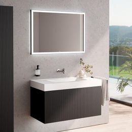 neoro n50 stripes Unterschrank B: 100 cm mit 1 Auszug, schwarz matt profiliert, mit Spiegel, Waschtisch area, BN0159WM+BN0493BBM+BN0016MI,