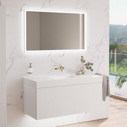 neoro n50 stripes Unterschrank B: 120 cm mit 1 Auszug, wei&szlig; matt profiliert, mit Spiegel, Waschtisch area, BN0160WM+BN0694BWM+BN0029MI,