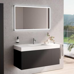 neoro n50 stripes Unterschrank B: 120 cm mit 1 Auszug, schwarz matt profiliert, mit Spiegel, Waschtisch area, BN0155WM+BN0494BBM+BN0017MI,