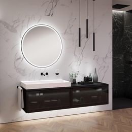 neoro n80 fumo Unterschrank B: 200 cm mit 2 Ausz&uuml;gen, mit Parsolglasfront, mit Spiegel, Waschtisch B: 100,5 cm, BN0149WM+2#BN0433SG+BN0406BM+BN0023MI,