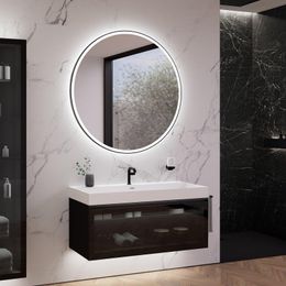 neoro n80 fumo Unterschrank B: 120 cm mit 1 Auszug, mit Parsolglasfront, mit Spiegel, Waschtisch cube, BN0140WM+BN0434SG+BN0024MI,