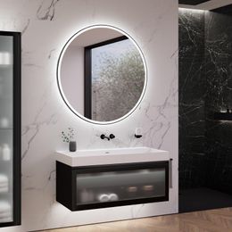 neoro n80 albus Unterschrank B: 120 cm mit 1 Auszug, mit profilierter Glasfront, mit Spiegel, Waschtisch cube, BN0136WM+BN0434PG+BN0024MI,