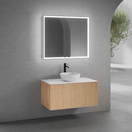 neoro n50 Unterschrank B: 100 cm mit 1 Auszug, mit glatter Eichenfront, Waschtisch &Oslash; 40 cm wei&szlig; matt, Konsole wei&szlig; matt, mit n60 Spiegelschrank,