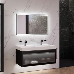 neoro n80 albus Unterschrank B: 120 cm mit 1 Auszug, mit profilierter Glasfront, mit Spiegel, Doppelwaschtisch cube, BN0141WM+BN0434PG+BN0017MI,