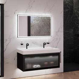 neoro n80 albus Unterschrank B: 120 cm mit 1 Auszug, mit profilierter Glasfront, mit Spiegel, Doppelwaschtisch cube, BN0146WM+BN0434PG+BN0017MI,