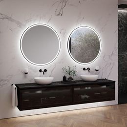 neoro n80 fumo Unterschrank B: 240 cm mit 2 Ausz&uuml;gen, mit Parsolglasfront, mit Spiegel, 2 Waschtische &Oslash; 45 cm,,