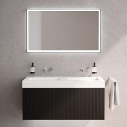 neoro n50 stripes Unterschrank B: 120 cm mit 1 Auszug, schwarz matt profiliert, mit Spiegel, Doppelwaschtisch area, BN0161WM+BN0494BBM+BN0017MI,