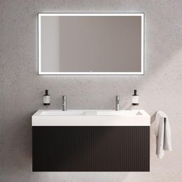 neoro n50 stripes Unterschrank B: 120 cm mit 1 Auszug, schwarz matt profiliert, mit Spiegel, Doppelwaschtisch area, BN0156WM+BN0494BBM+BN0017MI,