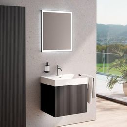neoro n50 stripes Unterschrank B: 60 cm mit 1 Auszug, schwarz matt profiliert, mit Spiegel, Waschtisch cube, BN0137WM+BN0491BBM+BN0014MI,