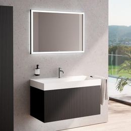 neoro n50 stripes Unterschrank B: 100 cm mit 1 Auszug, schwarz matt profiliert, mit Spiegel, Waschtisch cube, BN0144WM+BN0493BBM+BN0016MI,