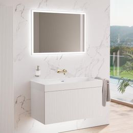 neoro n50 stripes Unterschrank B: 100 cm mit 1 Auszug, wei&szlig; matt profiliert, mit Spiegel, Waschtisch cube, BN0135WM+BN0693BWM+BN0028MI,