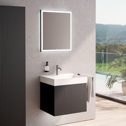 neoro n50 stripes Unterschrank B: 60 cm mit 1 Auszug, schwarz matt profiliert, mit Spiegel, Waschtisch cube, BN0142WM+BN0491BBM+BN0014MI,