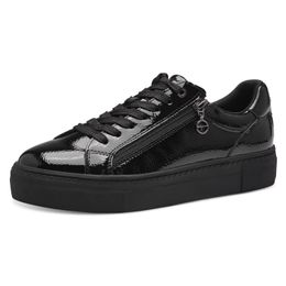 Plateausneaker Tamaris, Damen, Gr. 40, schwarz, Lacklederimitat, glänzend, unifarben, Sportlich, Schuhe, Freizeitschuh, Halbschuh, Schnürschuh mit T-Logoanhänger, vegan