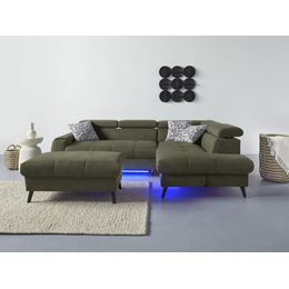 Ecksofa COTTA, B:244cm H:74cm T:193cm, grün, 100% Polyester, Wohnzimmer, Sofas, "Mia L-Form mit 3 Zierkissen", wahlweise mit Bettfunktion,