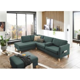 Ecksofa, B:255cm H:82cm, grün, ATLANTIC HOME COLLECTION, Wohnzimmer, Sofas, "Mailo L-Form", mit Seitentaschen und Ottomane, mit Massivholzfüßen
