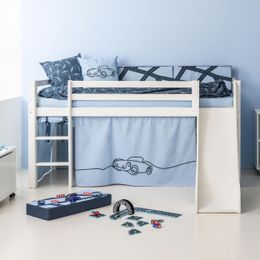 Hochbett Hoppekids, B:101cm H:9cm L:208cm, weiß, Bett: 100% Massivholz, Nordische Kiefer;Rutsche: MDF;Vorhang: 100% Baumwolle, Jugendzimmer,