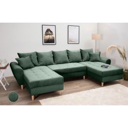 Wohnlandschaft Collection AB, B:314cm H:45cm T:158cm, grün, 100%Polyester, Sofas, "Raisa U-Form", mit Federkern, Kissen und Steppung im Sitzbereich