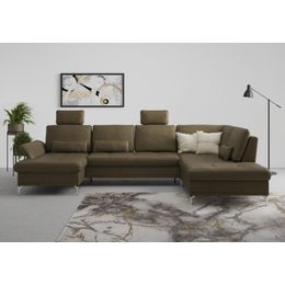 Wohnlandschaft Inosign, B:347cm H:89cm T:224cm, grün, 100%Polyester, Sofas, "Palm Beach U-Form", Federkern, mit Sitztiefenverstellung, wahlweise mit